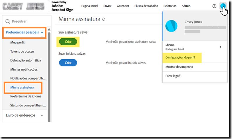 Criar e editar sua assinatura do Acrobat Sign